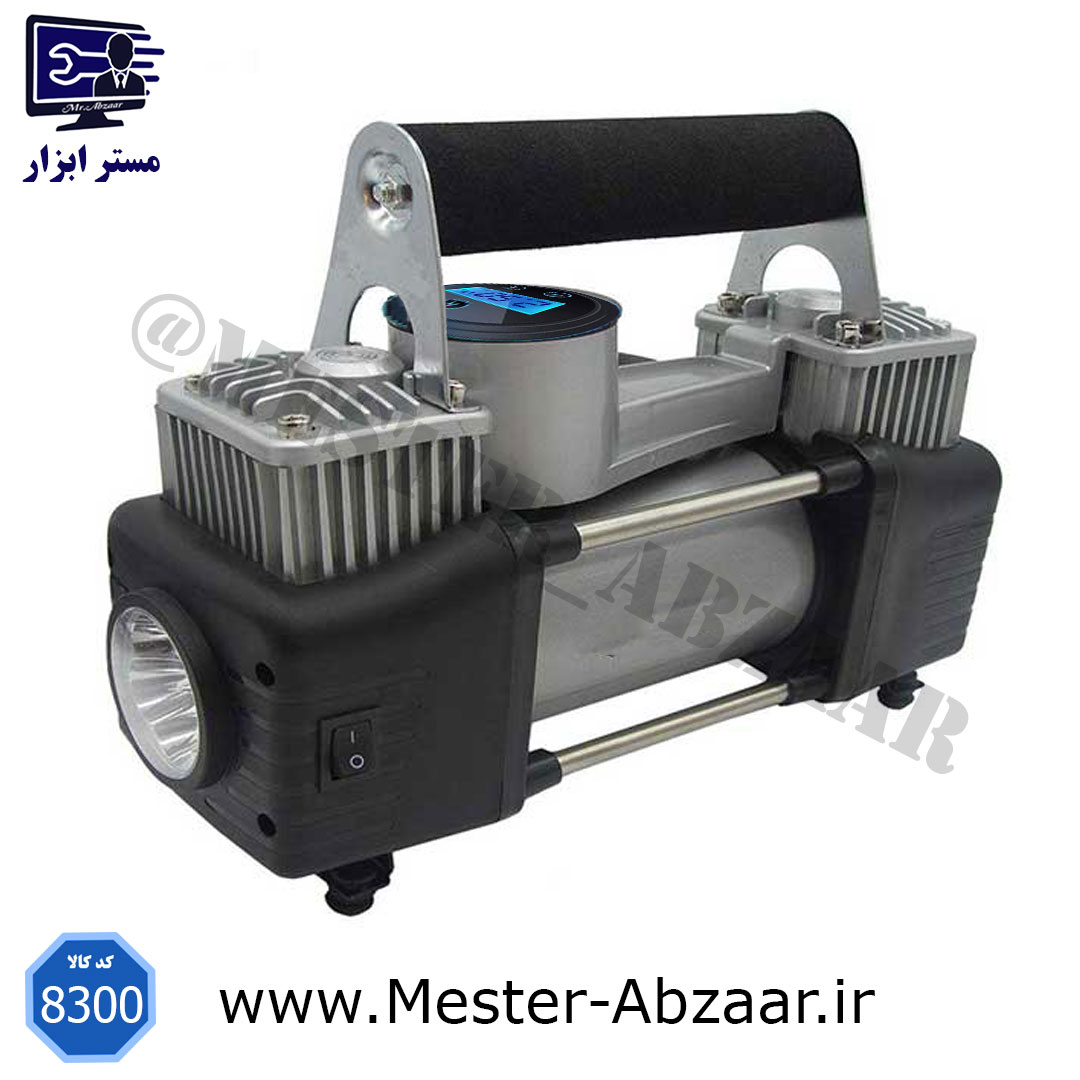 پمپ باد فندکی دیجیتال کمپرسور باد دو سیلندر با قطع کن اتوماتیک ‌و لوازم پنچری خودرو مسافرتی
